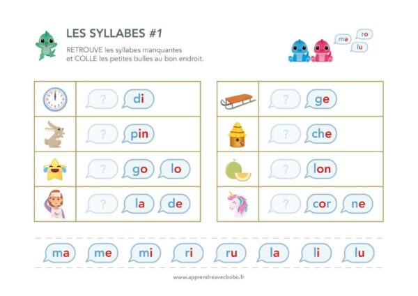 Syllabes maternelle consonnes M, R, L : vidéos + fiches à imprimer