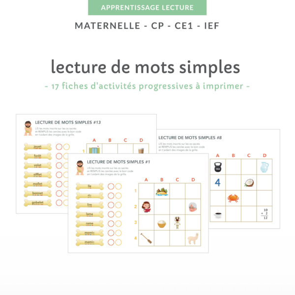 Fiches lecture mots simples : activités à imprimer GS - CP - IEF