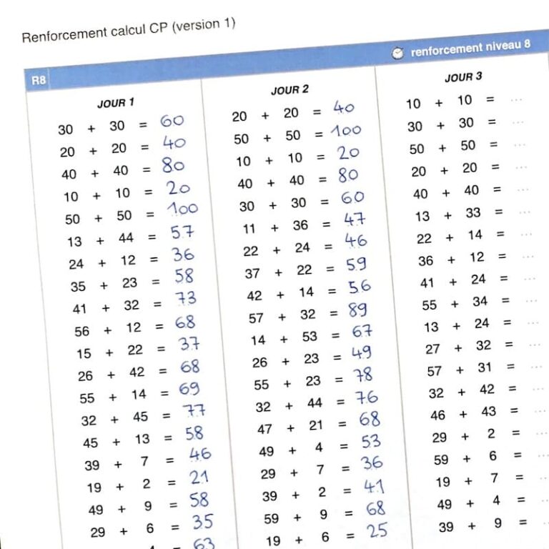Fiches de calcul CP à imprimer pour devenir un as en calcul mental